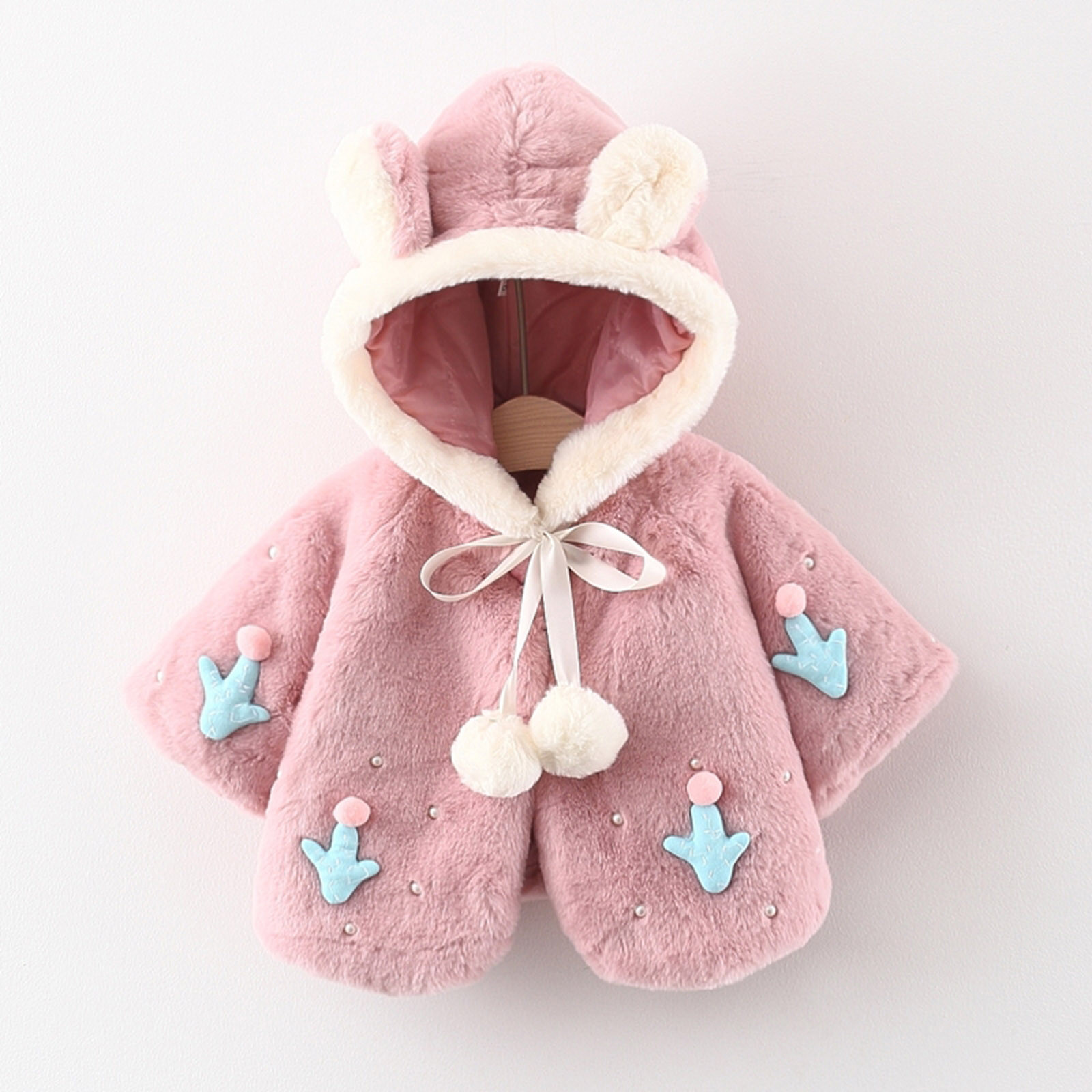 SDJMa Toddler Girls Solid Color Cactus Plush Cute Rabbit Ears Winter Hoodie Thick Coat Cloak ...
