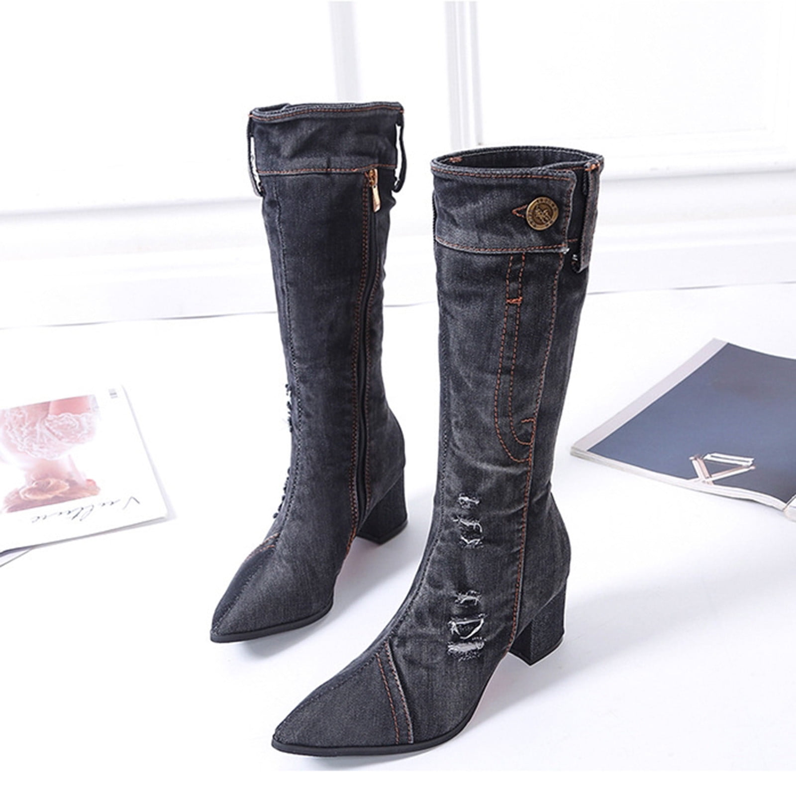 Herrnalise Women Shoes Fashion Buttons Denim Pointed Tip Mid-heeled ...