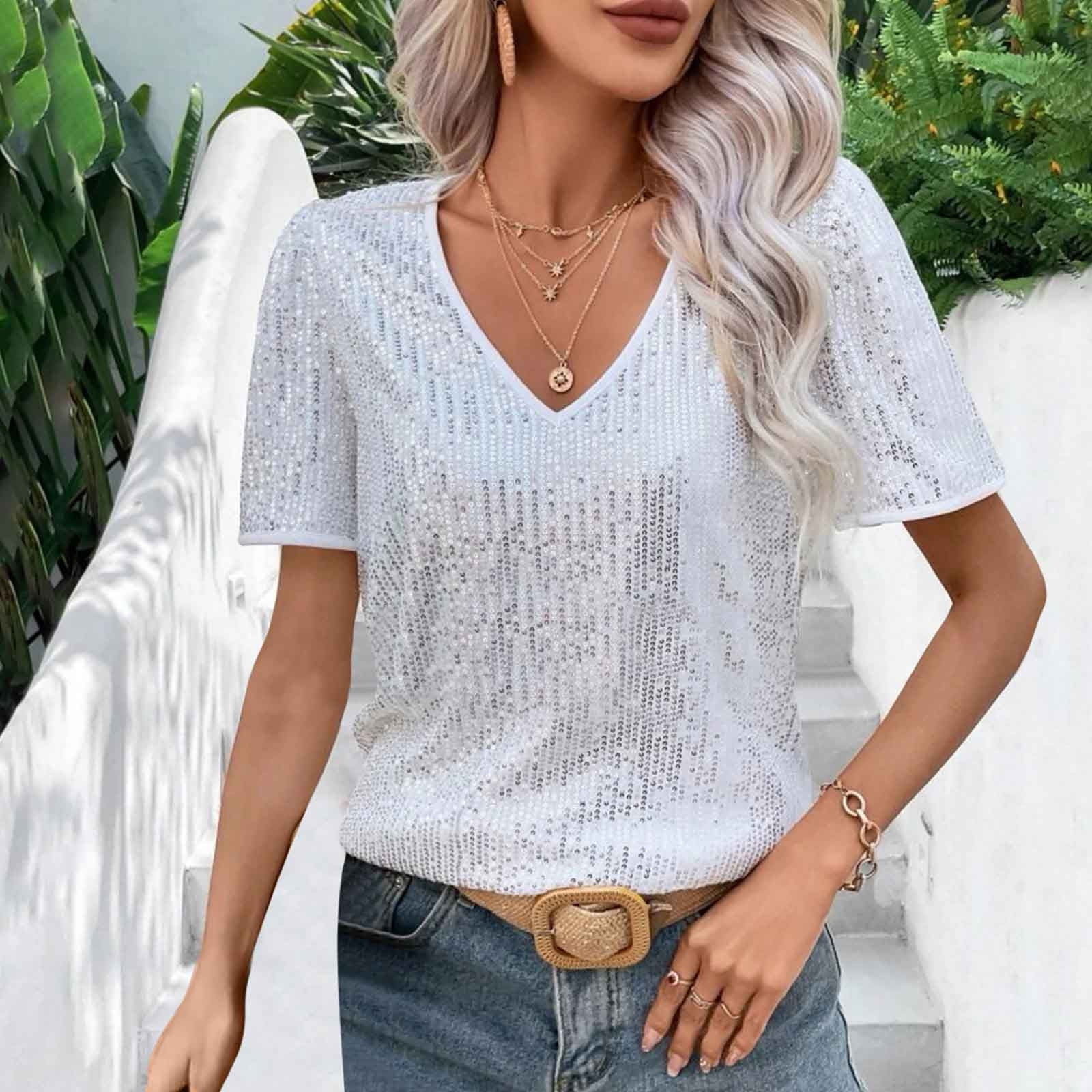 Herrnalise Women's Sequin Short Puff Sleeve Shirt Tops Sparkly V Neck ...