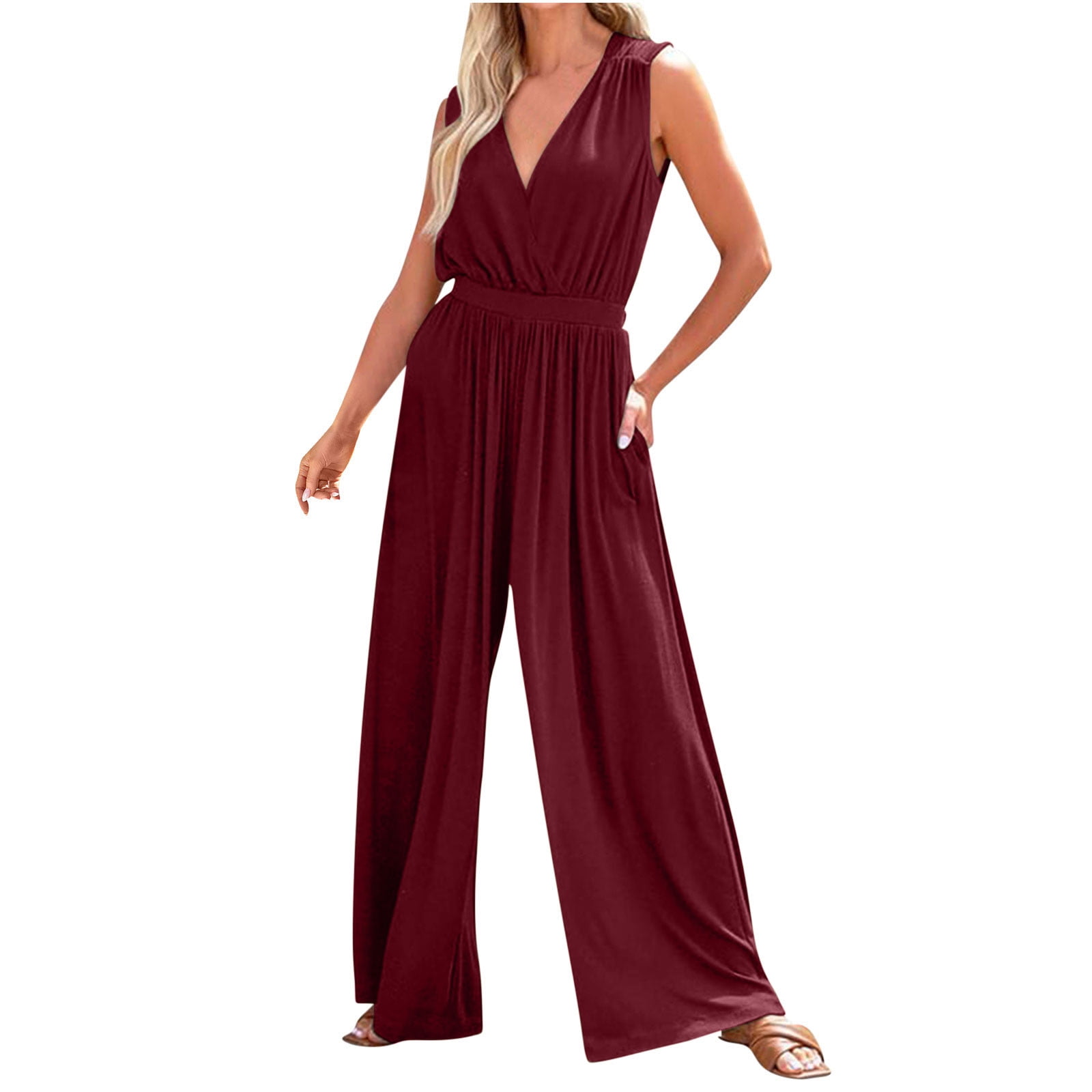 Herrnalise Women's Tie Back Plunging Jumpsuit Rompers & Overalls Slim ...