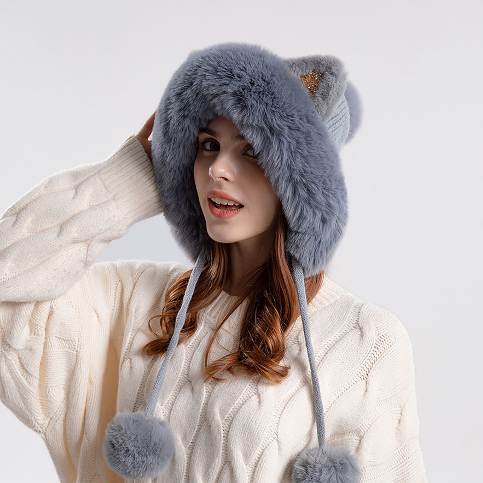 Herrnalise Women's Winter Knitting Hat Cute Cartoon Cat Ear Hair Ball ...