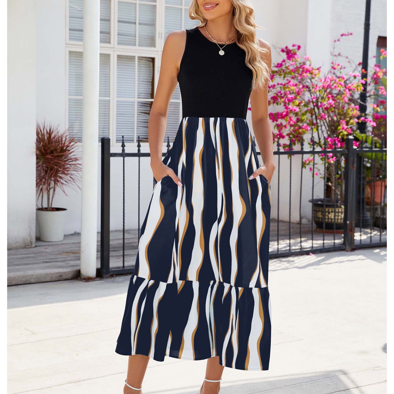 Herrnalise Womens Casual Midi Dress Short Sleeved High Waisted Loose