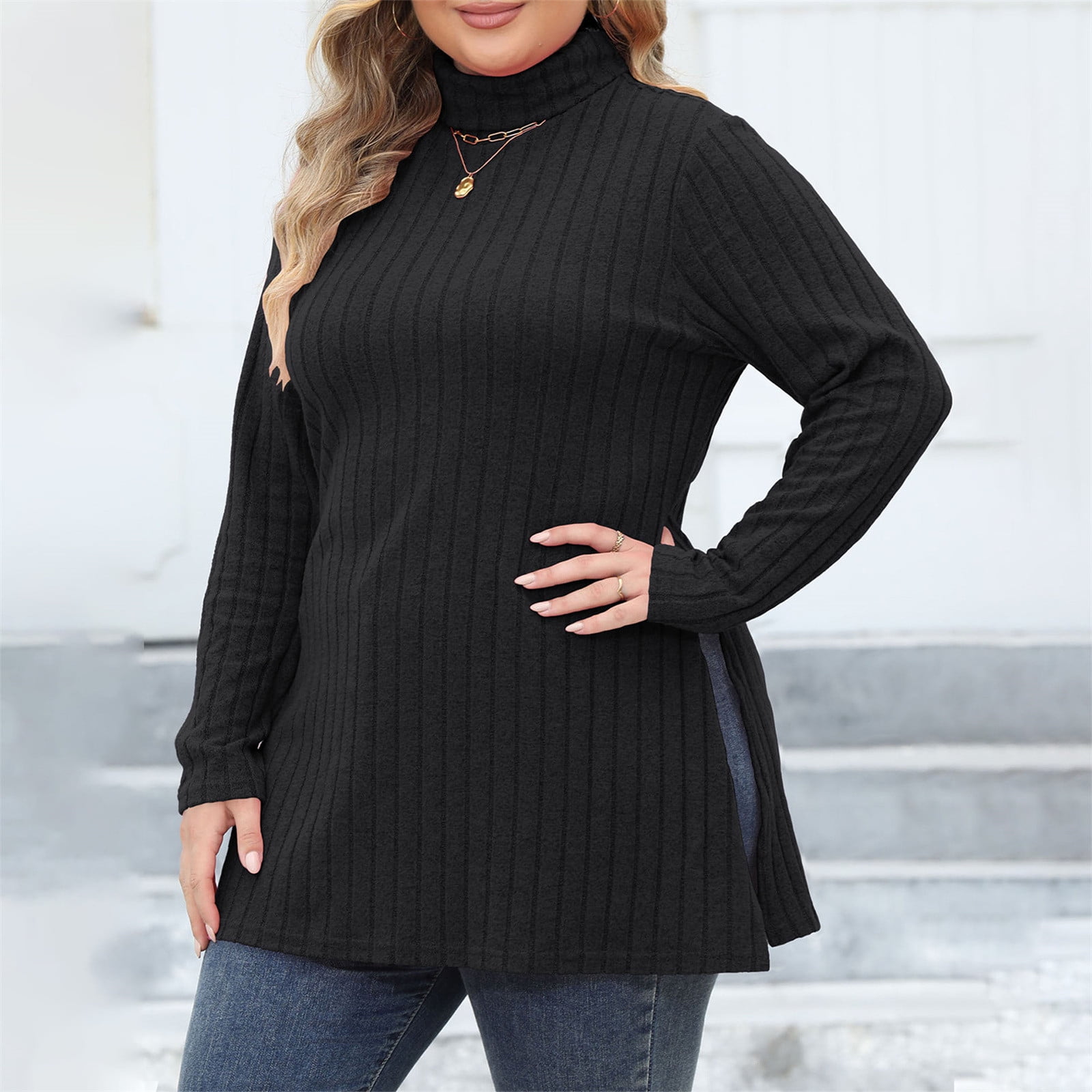 Herrnalise Womens Plus Size Ribbed Knit Sweater Dress Long Sleeve ...