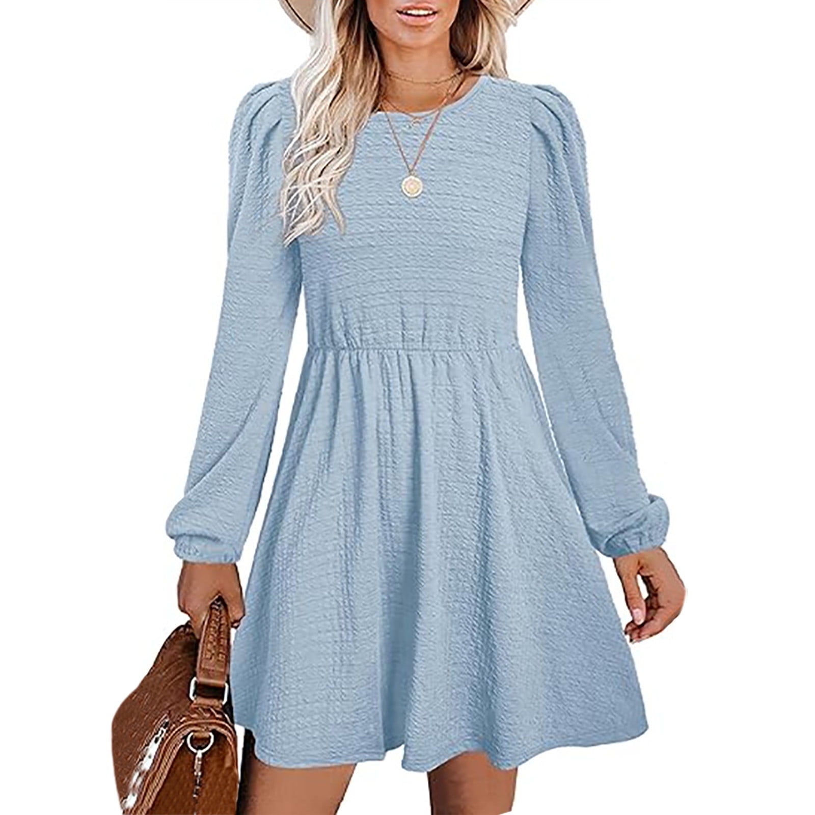 Herrnalise Womens Puff Long Sleeve Mini Dresses Crewneck A-Line Pleated ...