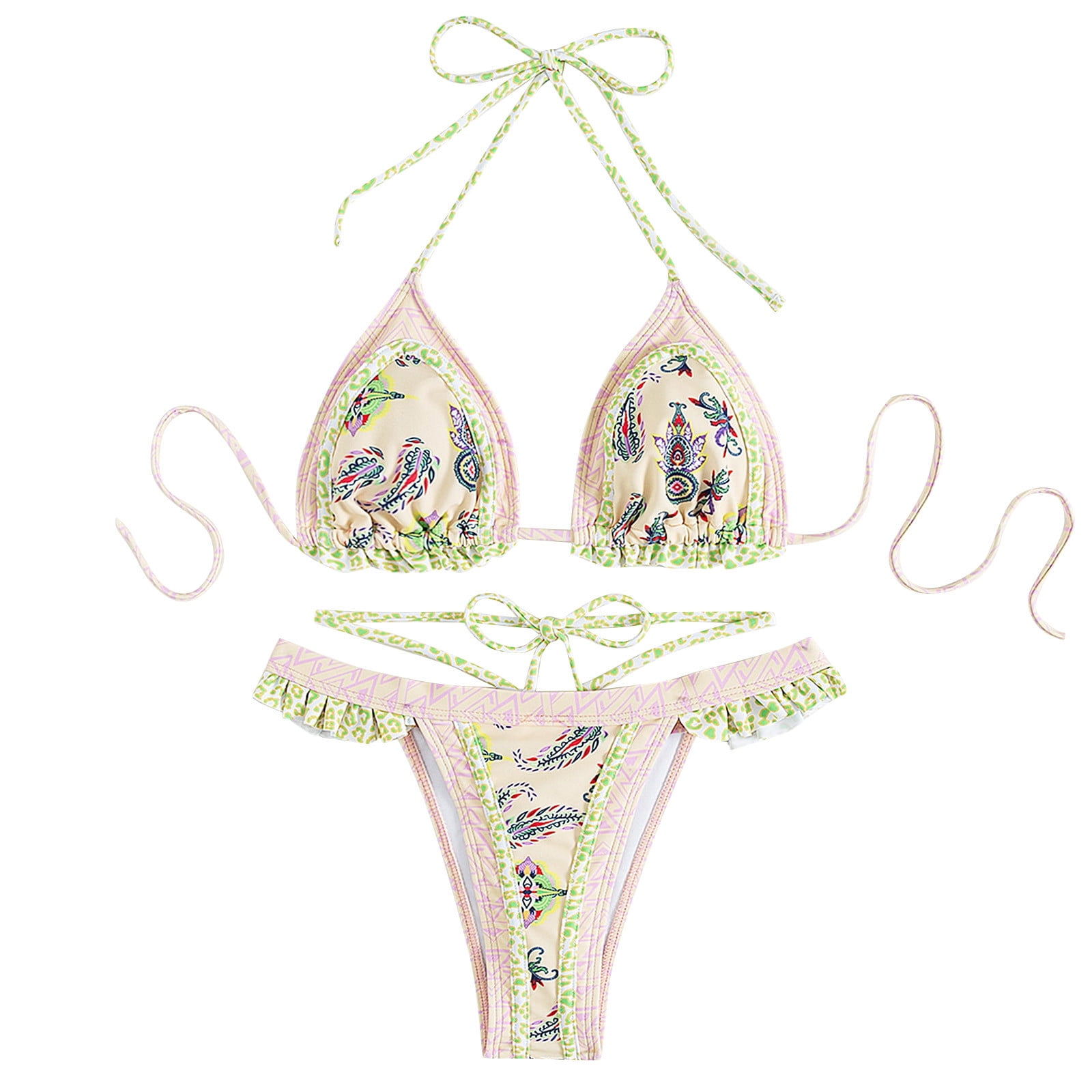 SDJMa Womens Swimsuits Two PieceHanging Neck Lace Up Printed String Bikini Split Set Khaki ...