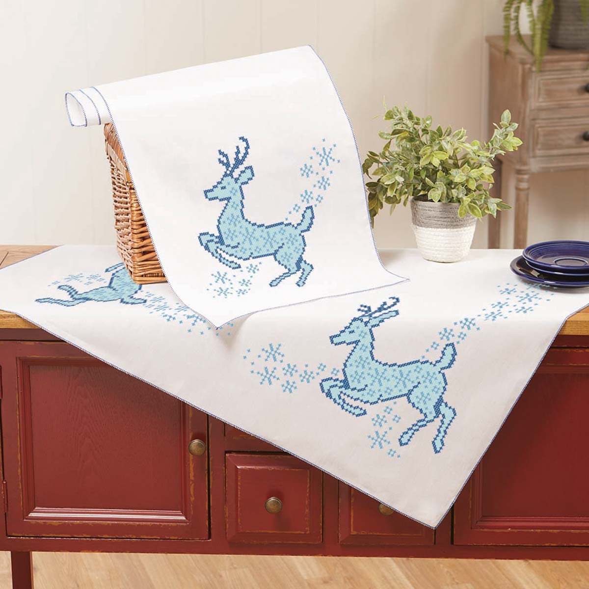 Herrschners® Frosty Reindeer Table Topper & Table Runner Stamped Cross ...