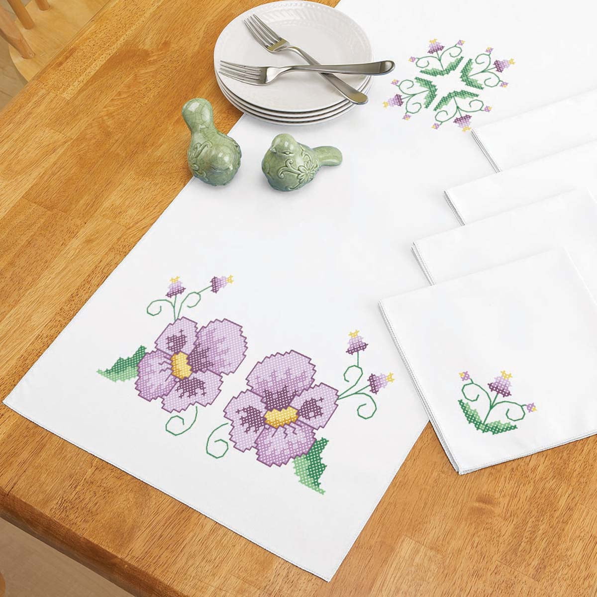 Herrschners® Pansy Parade Table Runner & Napkins Stamped Cross-Stitch ...