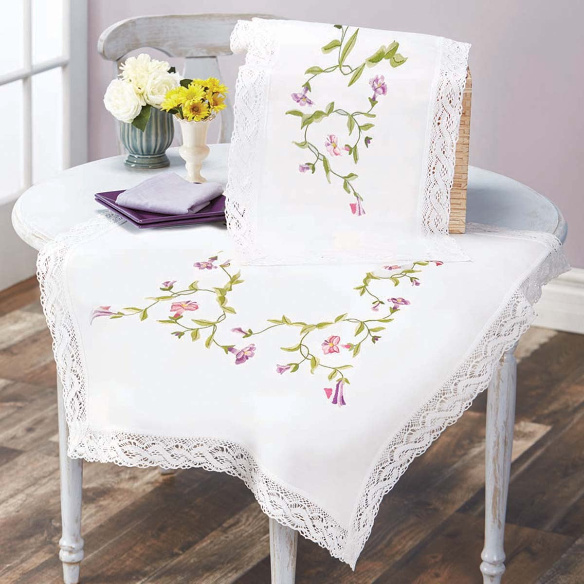 Herrschners® Purple Flowers Table Topper & Runner Stamped Embroidery ...