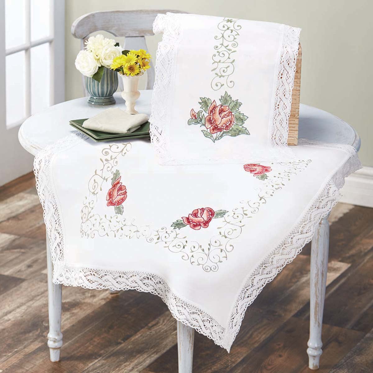 Herrschners® Red Roses Table Topper & Runner Stamped Embroidery ...