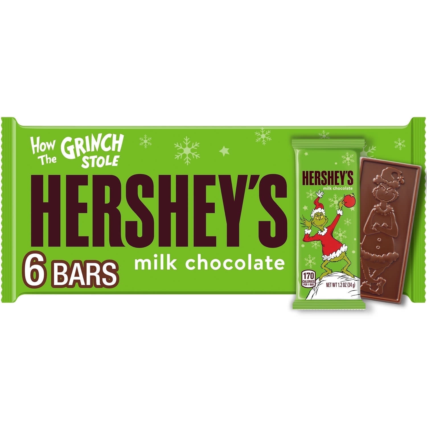 Hershey's Grinch Milk Chocolate Christmas Candy, Bars 1.2 oz, 6 Count ...