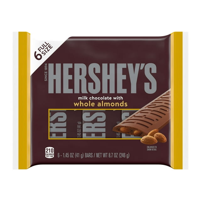 Hershey's Creamy Milk Chocolate with Whole Almonds Candy Bars, 1.45 oz, 6 Count for Snacking and ...