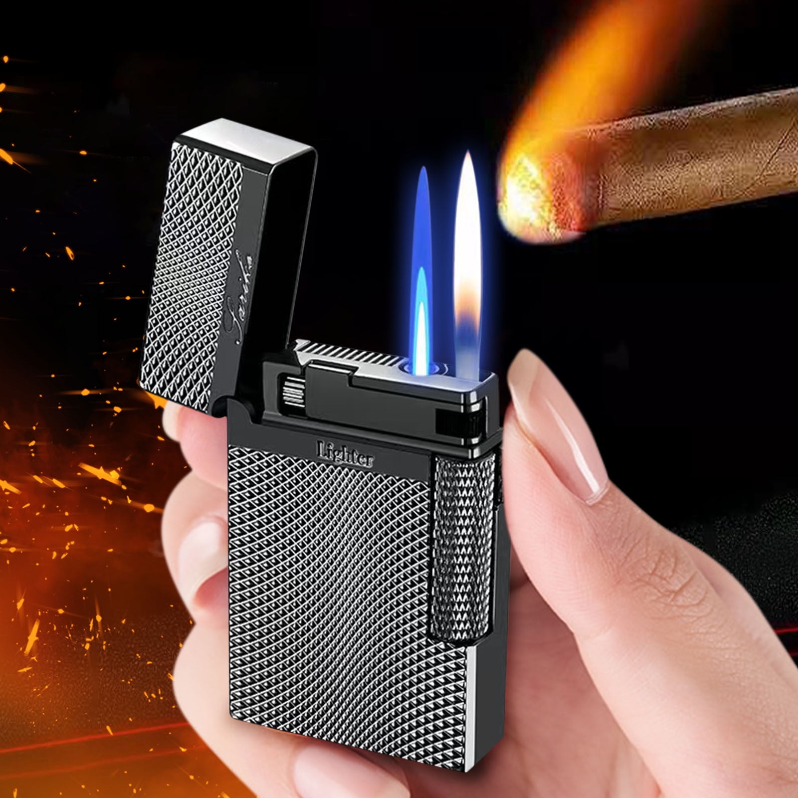 Herunwer Sliding Wheel Brick Stone Pattern Double Fire Metal Lighter ...