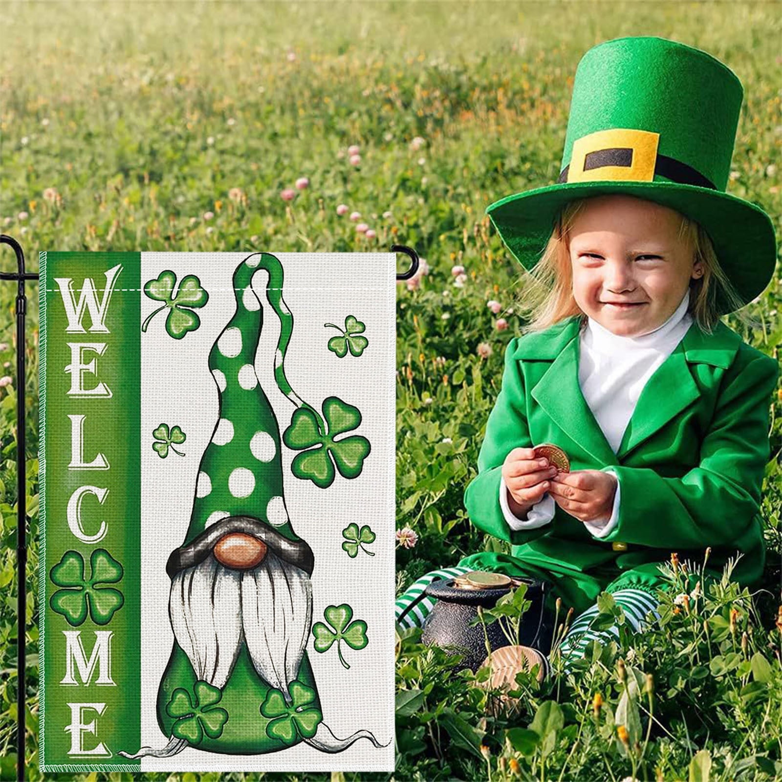Hesai St Patricks Day Garden Flag 12x18 Inch Double Sided Outside, Shamrocks Clovers Welcome ...