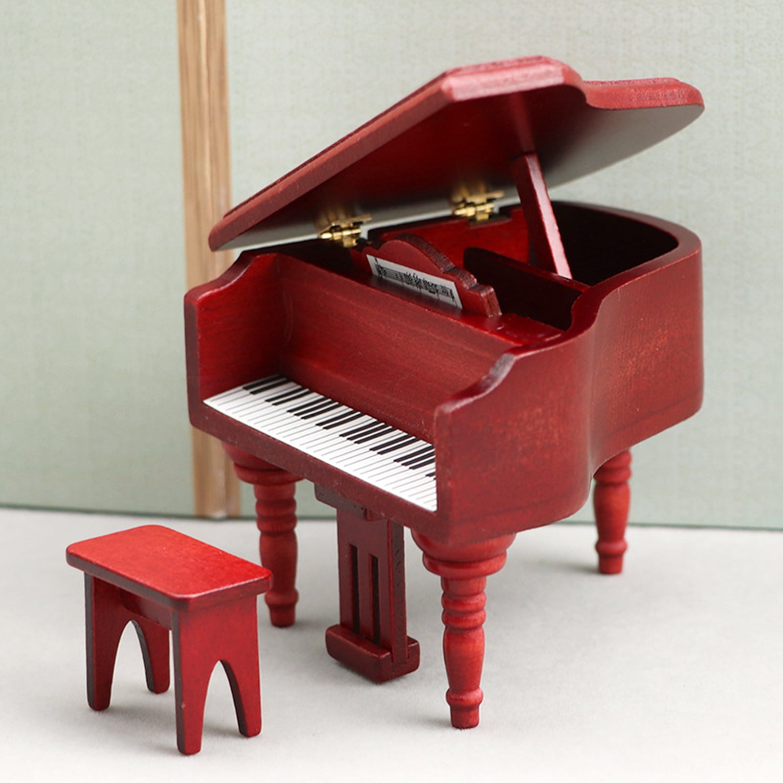 Hesroicy 1 Set 1:12 Dollhouse Piano with Stool Realistic Wood Miniature ...