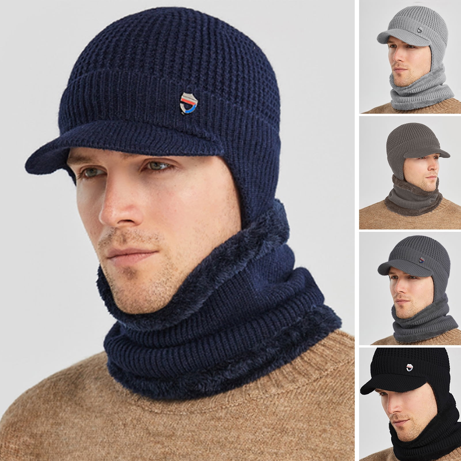 Hesroicy 1 Set Men Hat Scarf Solid Color Short Brim Dome Thickened ...