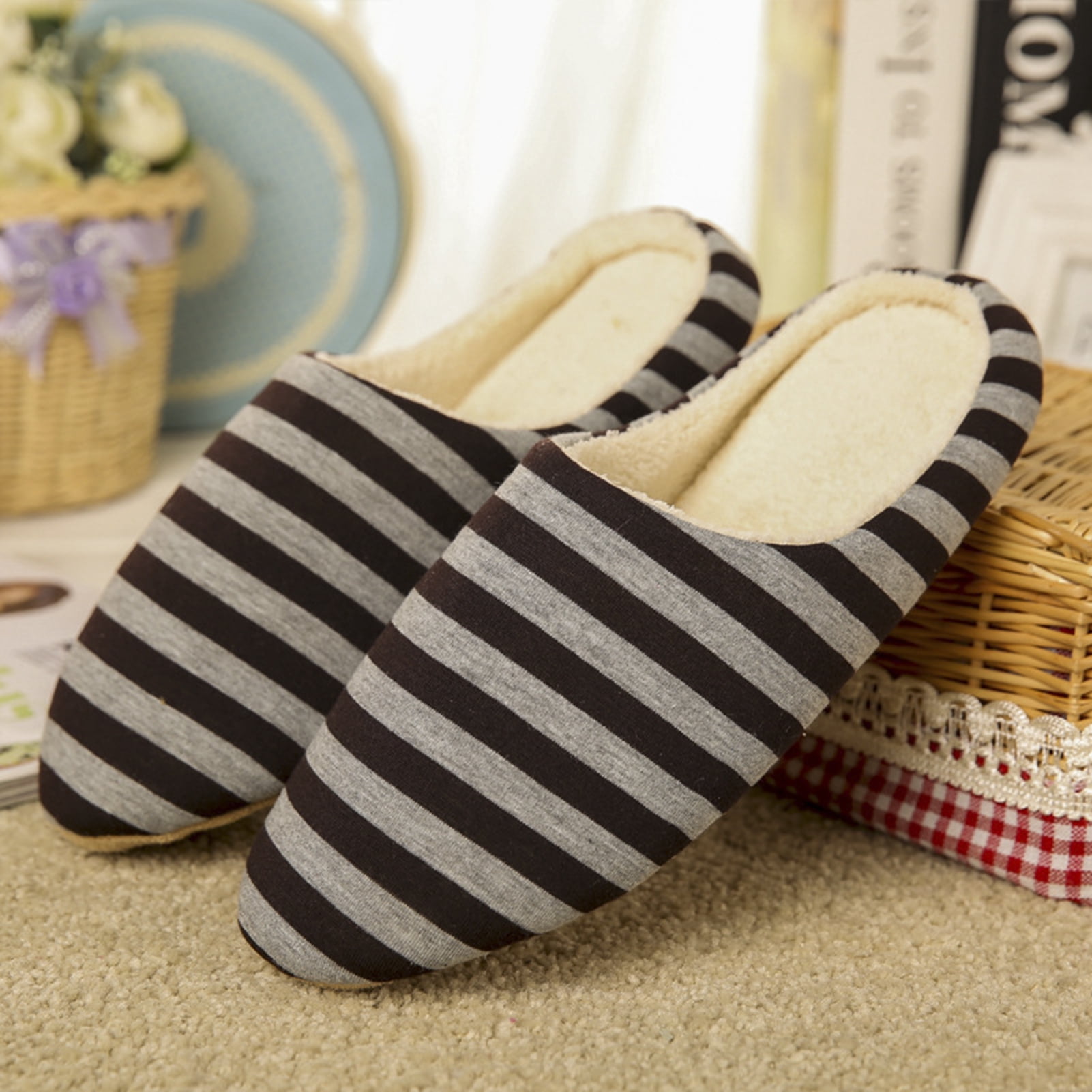 Hesroicy Cozy Striped Indoor Slippers for Women and Men - Warm, Soft ...