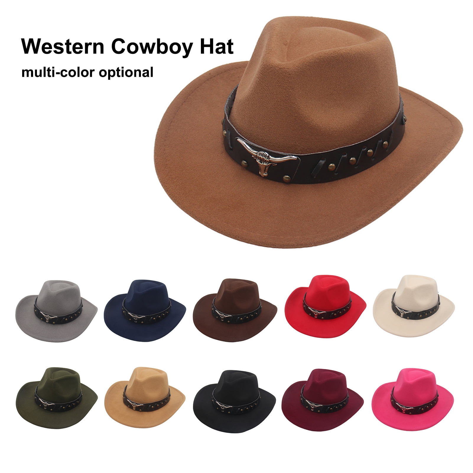 Hesroicy Fedora Hat Cow-head Decor Wide Brim Western Style Soft Touch ...