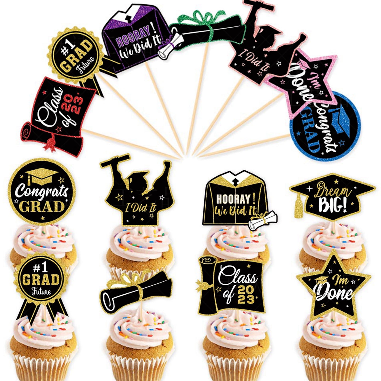 Hesroicy Graduation Cupcake Toppers - Glitter Hats, Diplomas, and Gowns ...