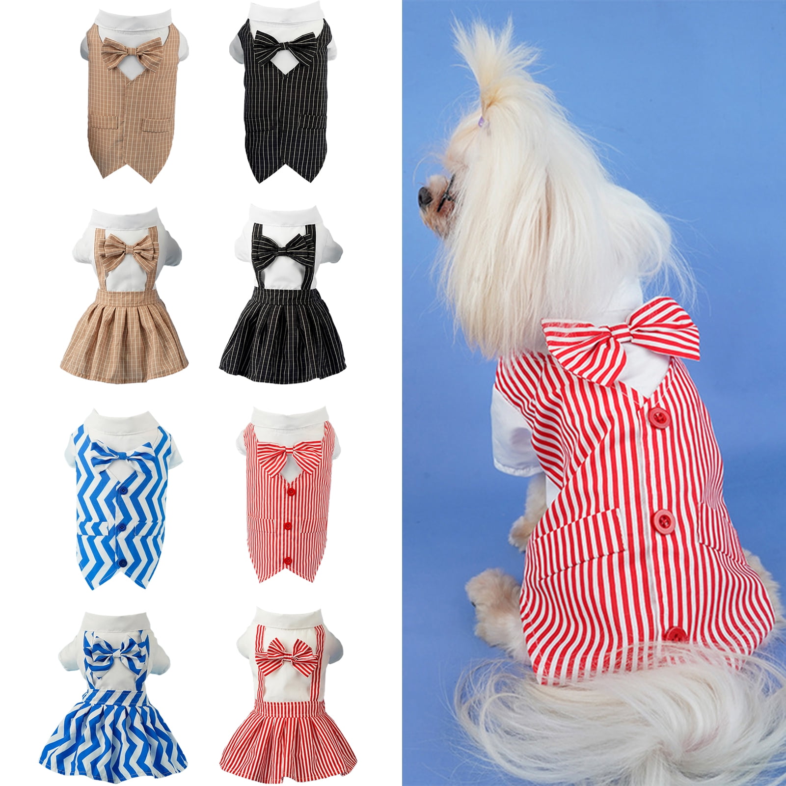 Hesroicy Pet Skirt Bow-knot Design Stripe Pattern Turn-down Collar ...
