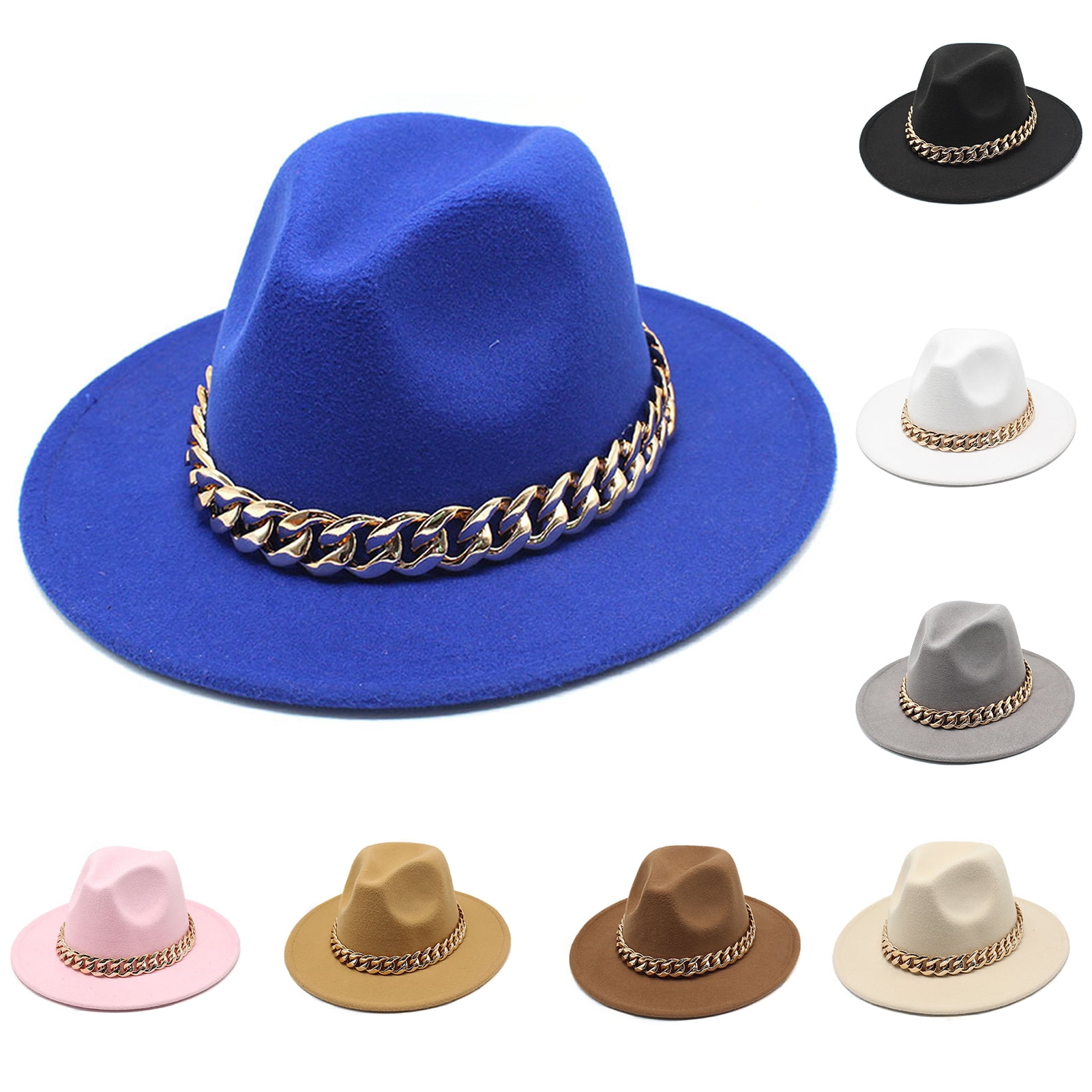 Hesroicy Solid Color Wide Brim Jazz Hat with Metal Chain Decoration ...