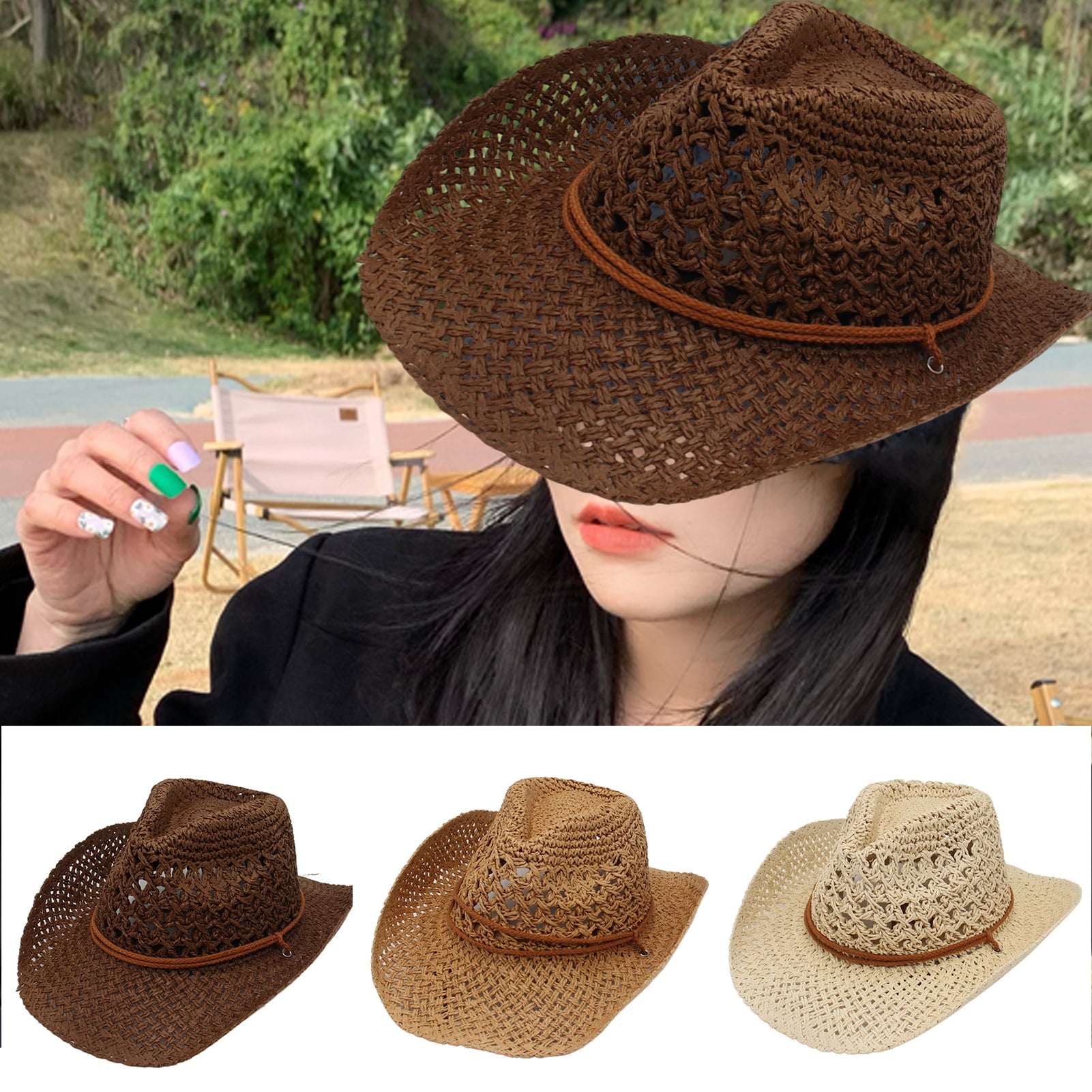Hesroicy Unisex Sun Hat Straw Woven Wide Brim Sun Protection Vintage ...