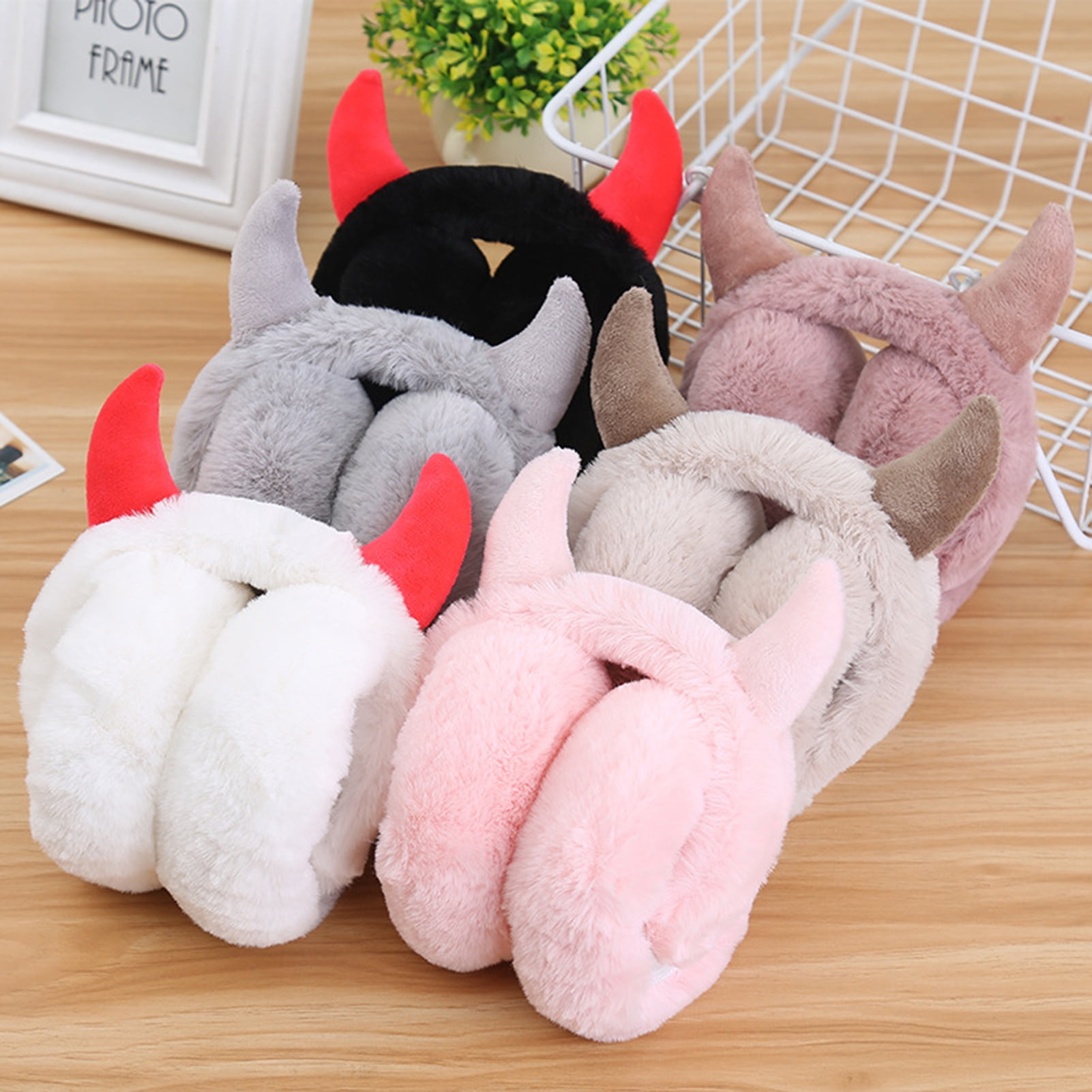 Hesroicy Winter Earmuff Foldable Plush Horn Decoration Solid Color ...