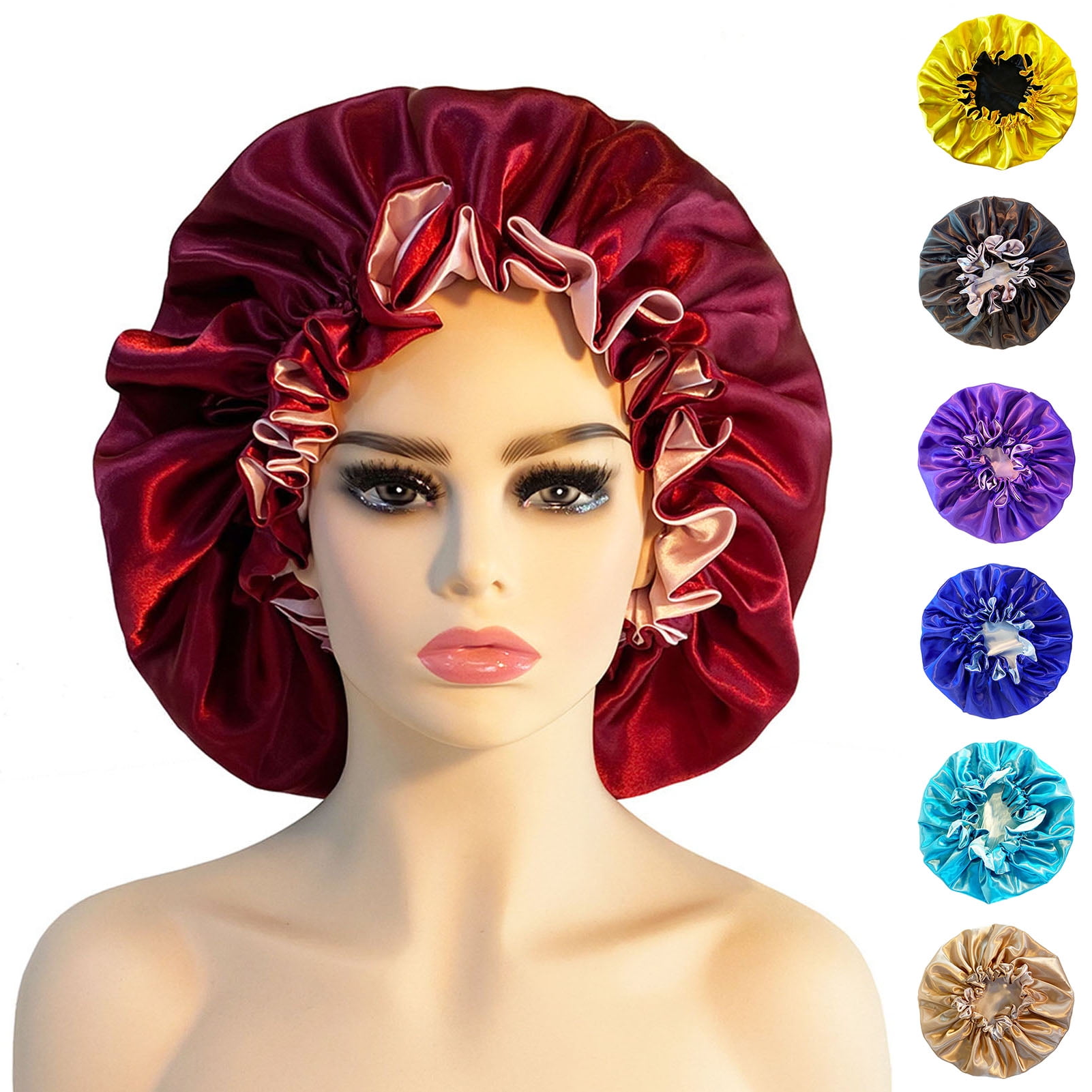 Hesroicy Women Hair Bonnet Double-layer Shirring Edge Solid Color Large ...