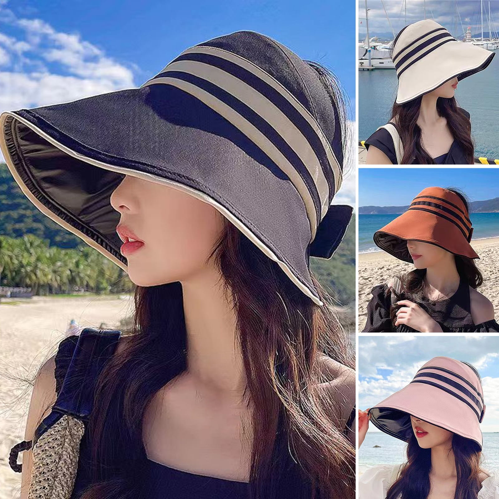 Hesroicy Women Sun Hat Stripe Portable Foldable Fasten Tape Washable ...