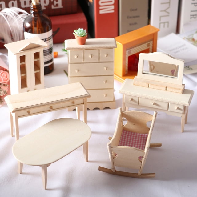 Hesroicy Wooden Dollhouse Mini Room Prop Cradle Cabinet Mold Dinner ...