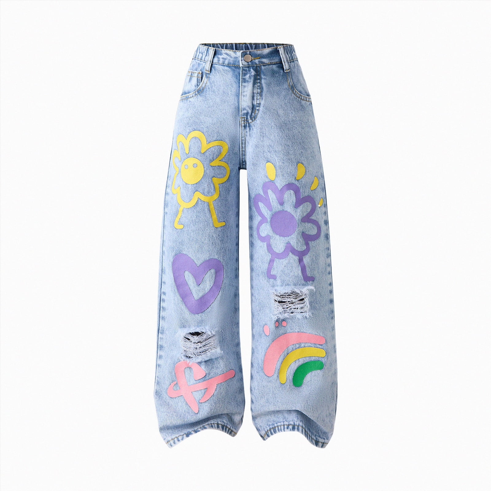 Hessimy Girl'S Heart & Flower Print Ripped Elastic Waist Jeans Cargo ...