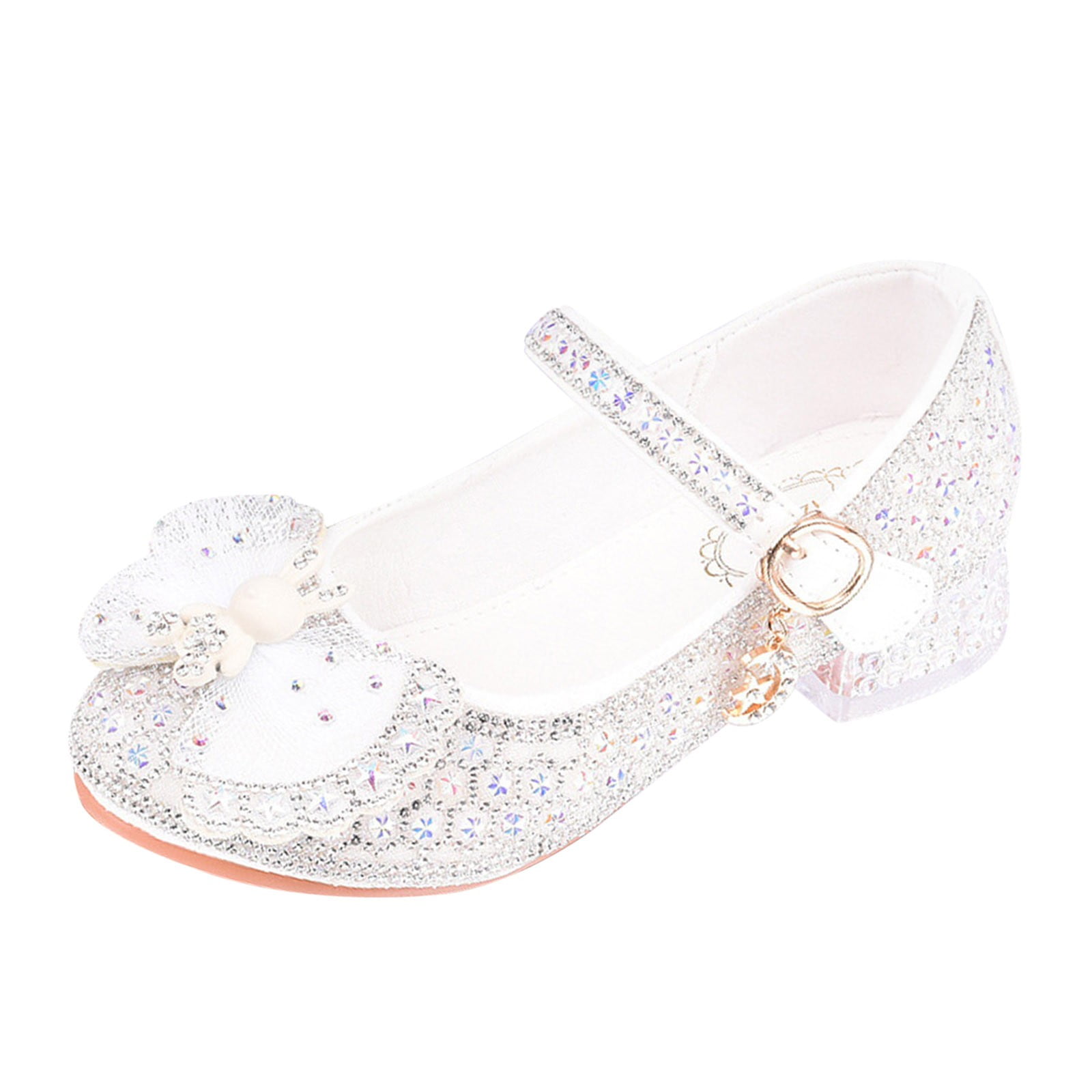 Hessimy Girls Glitter Mary Jane Pumps With Bow Party Wedding Princess Low High Heel Shoeswhite