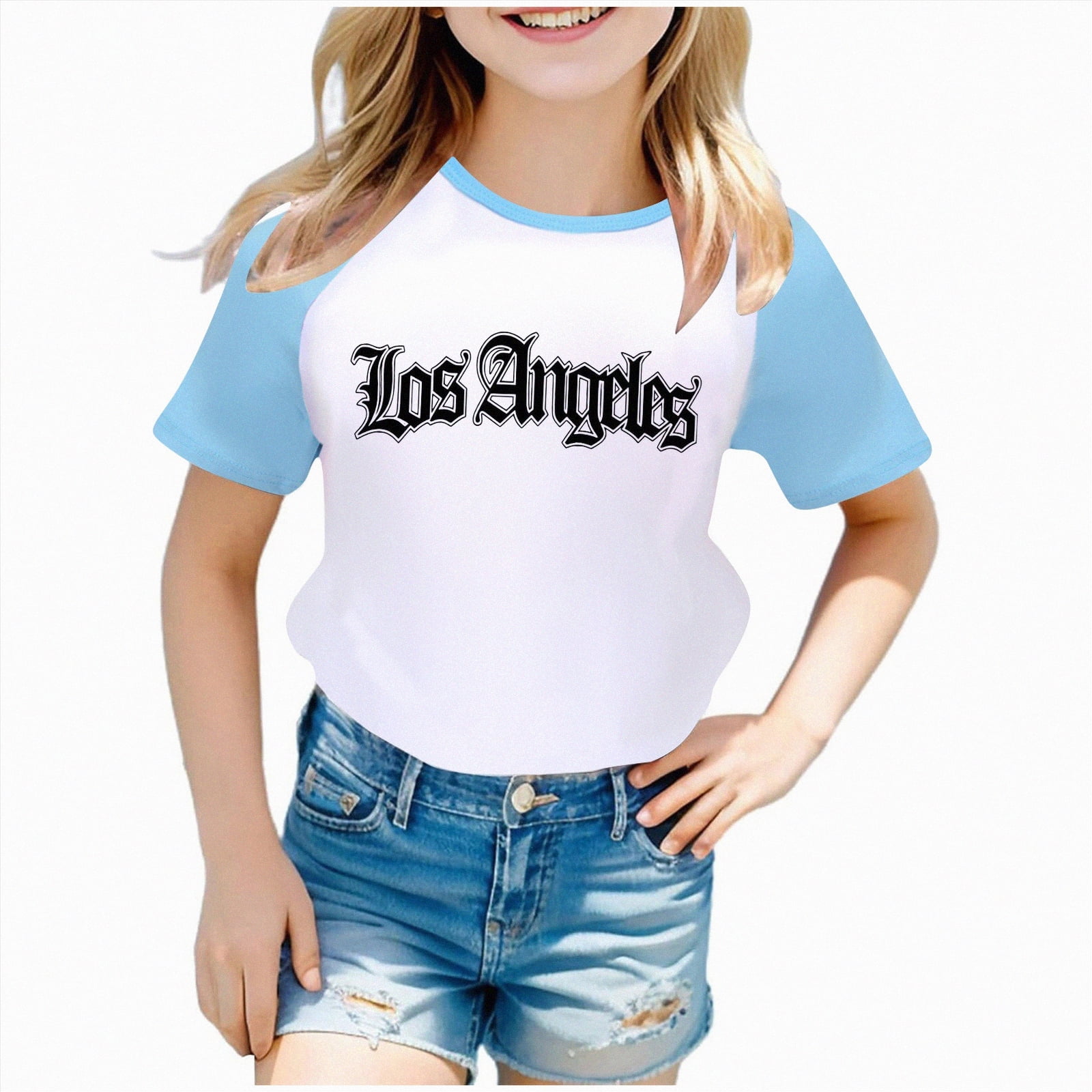 Hessimy Summer Girls Shirts Cotton Soft Kids Short Sleeve Clothes(Light Blue,9-10 Years ...