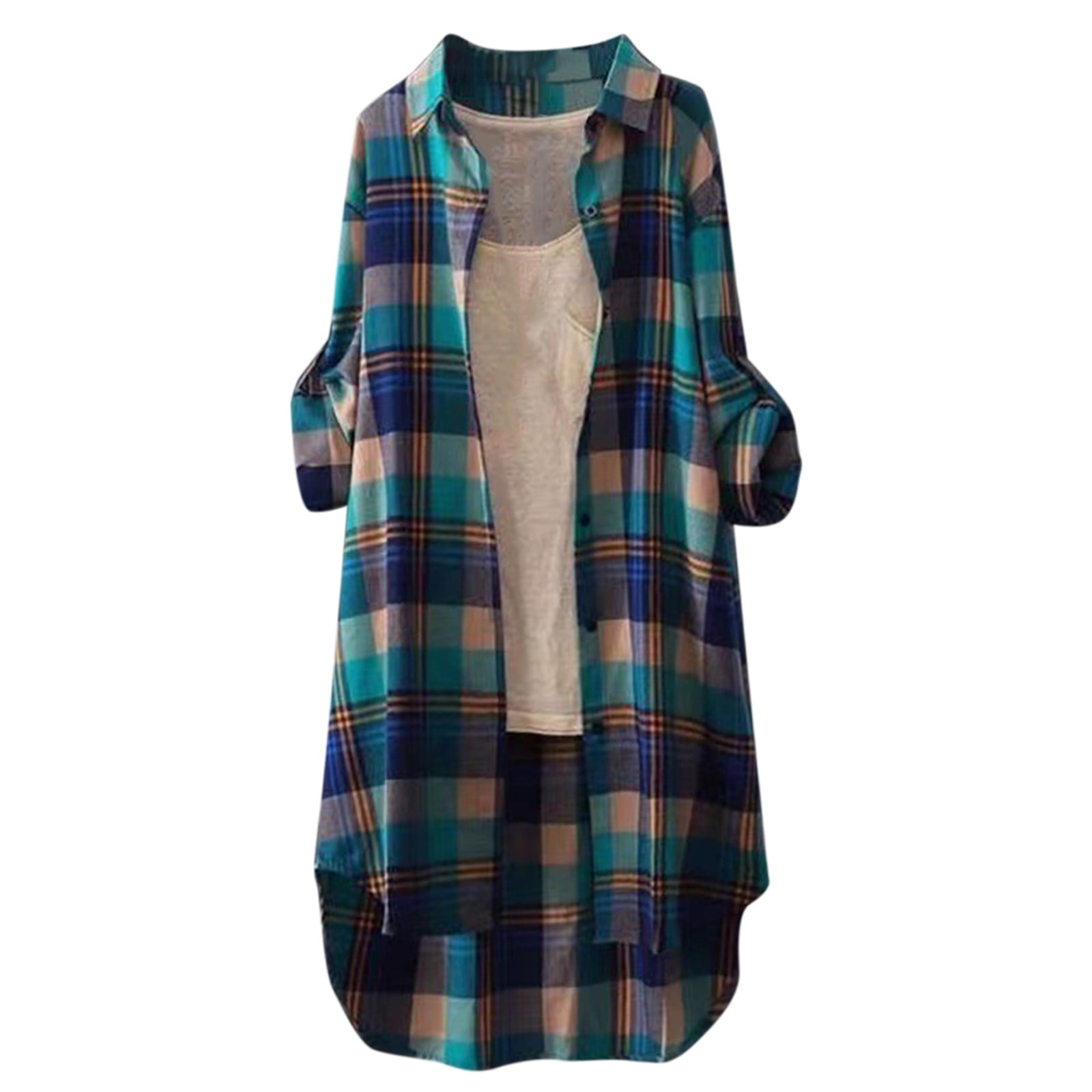 Hessimy Women Lounge Lapel Button Down Long Plaid Jacket Winter ...