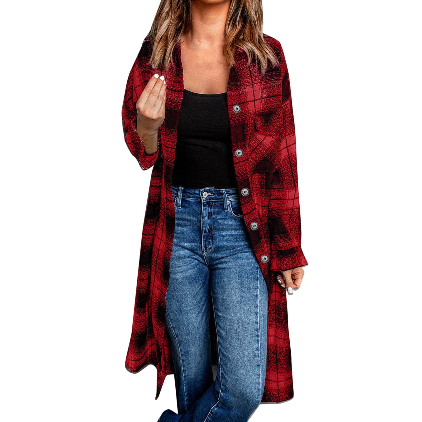 Hessimy Women's Button Down Flannel Shirts Plaid Shacket Long Sleeve ...