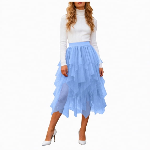 Hessimy Women's Tulle Skirt A-Line High Low Asymmetrical 3 Layered Midi ...