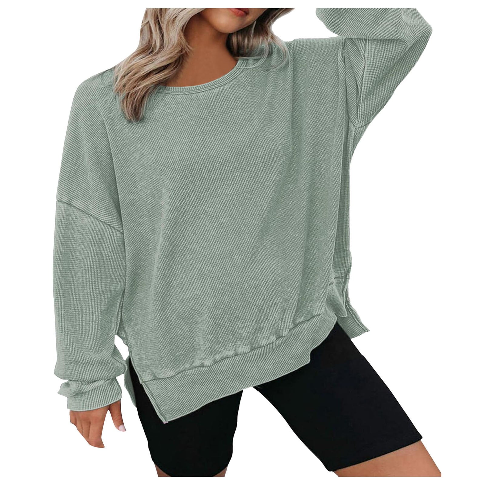 Hessimy Womens Oversized Waffle Knit Crewneck Sweatshirts Long Sleeve ...