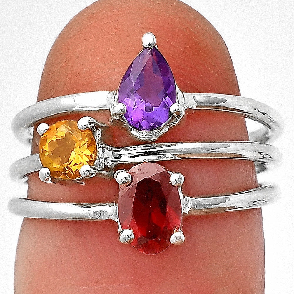 Hessonite Garnet, Amethyst & Citrine 925 Sterling Silver Ring s.5 ...
