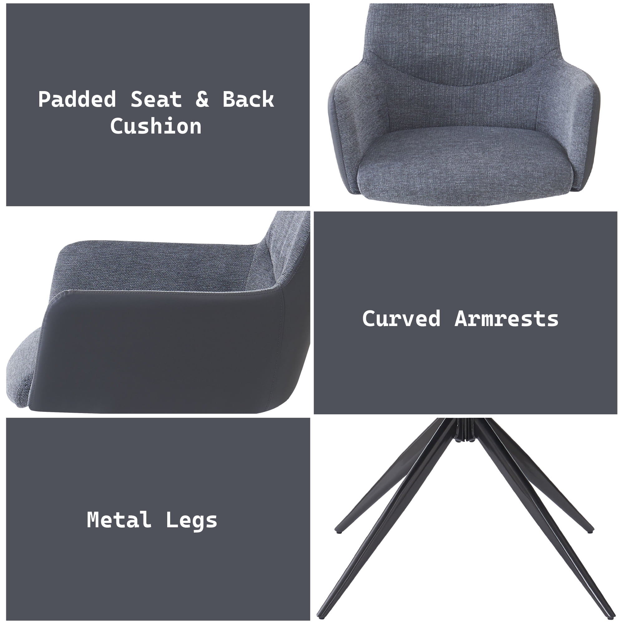 Hester Gray Fabric Arm Chair (Set of 2) | Padded Seat & Back, Iron Legs ...