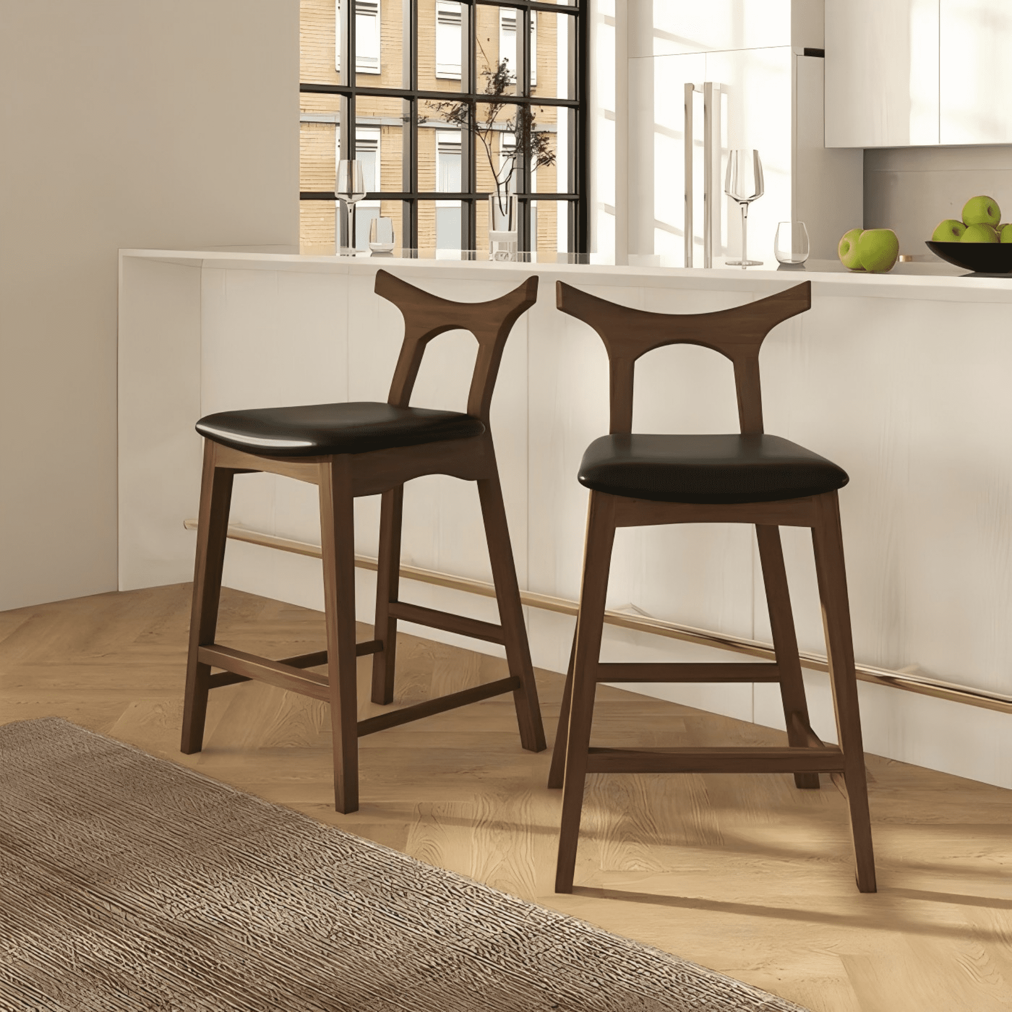 Hester Solid Wood Bar Chair Set (2) - Black PU Leather Upholstery, 19 ...