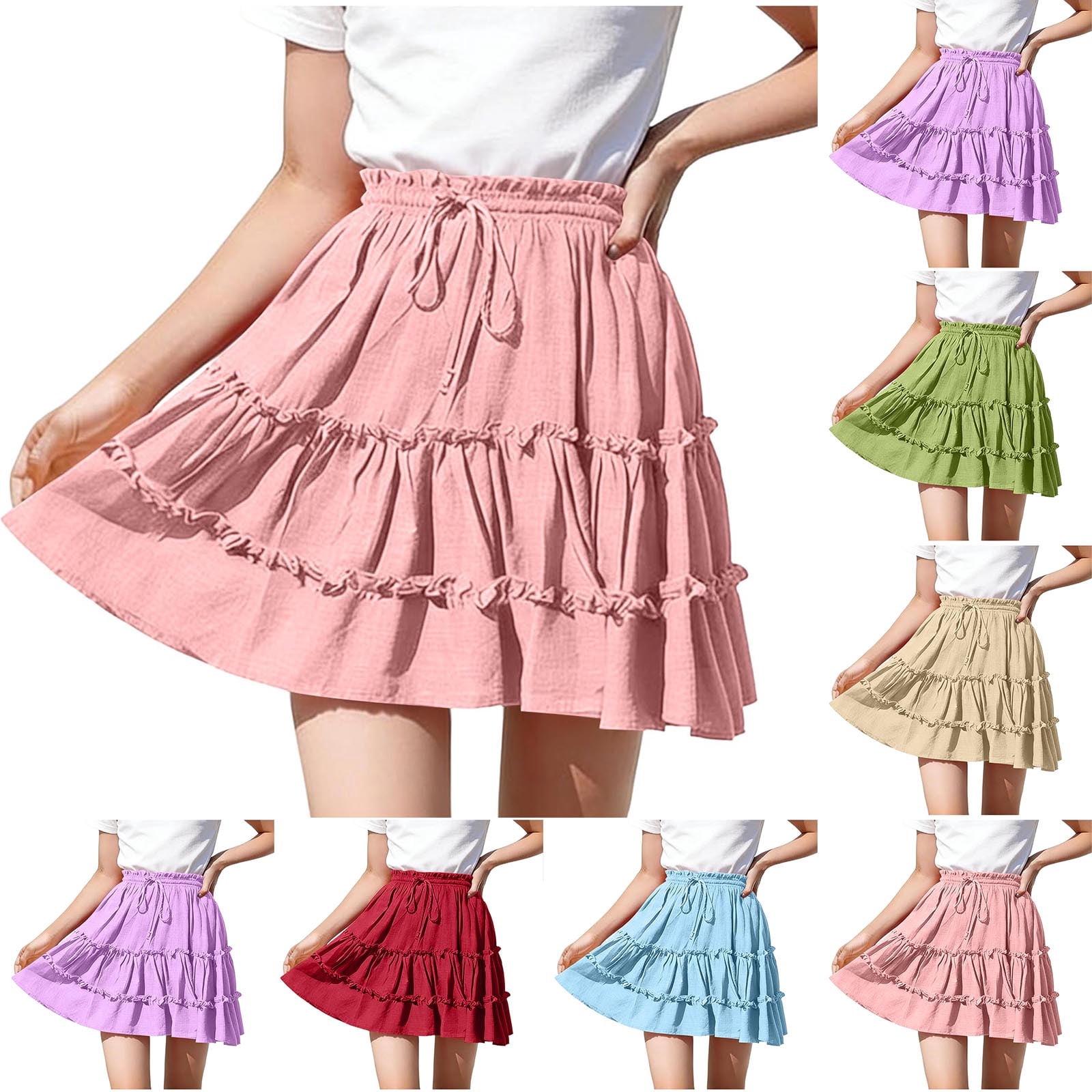 Hesxuno Girl Mini Skirts Cotton Linen Summer Skirts Solid Tiered Ruffle ...