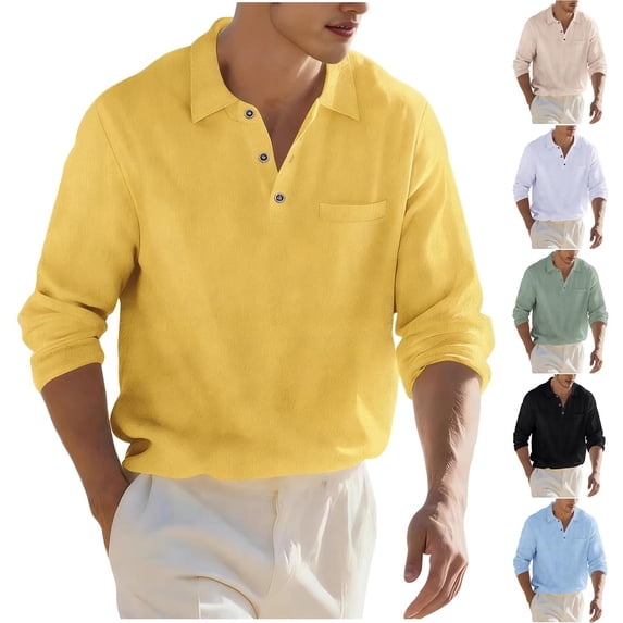 Hesxuno Men Beach Polos Shirt Long Sleeve Loose Fit Linen Tops Casual ...