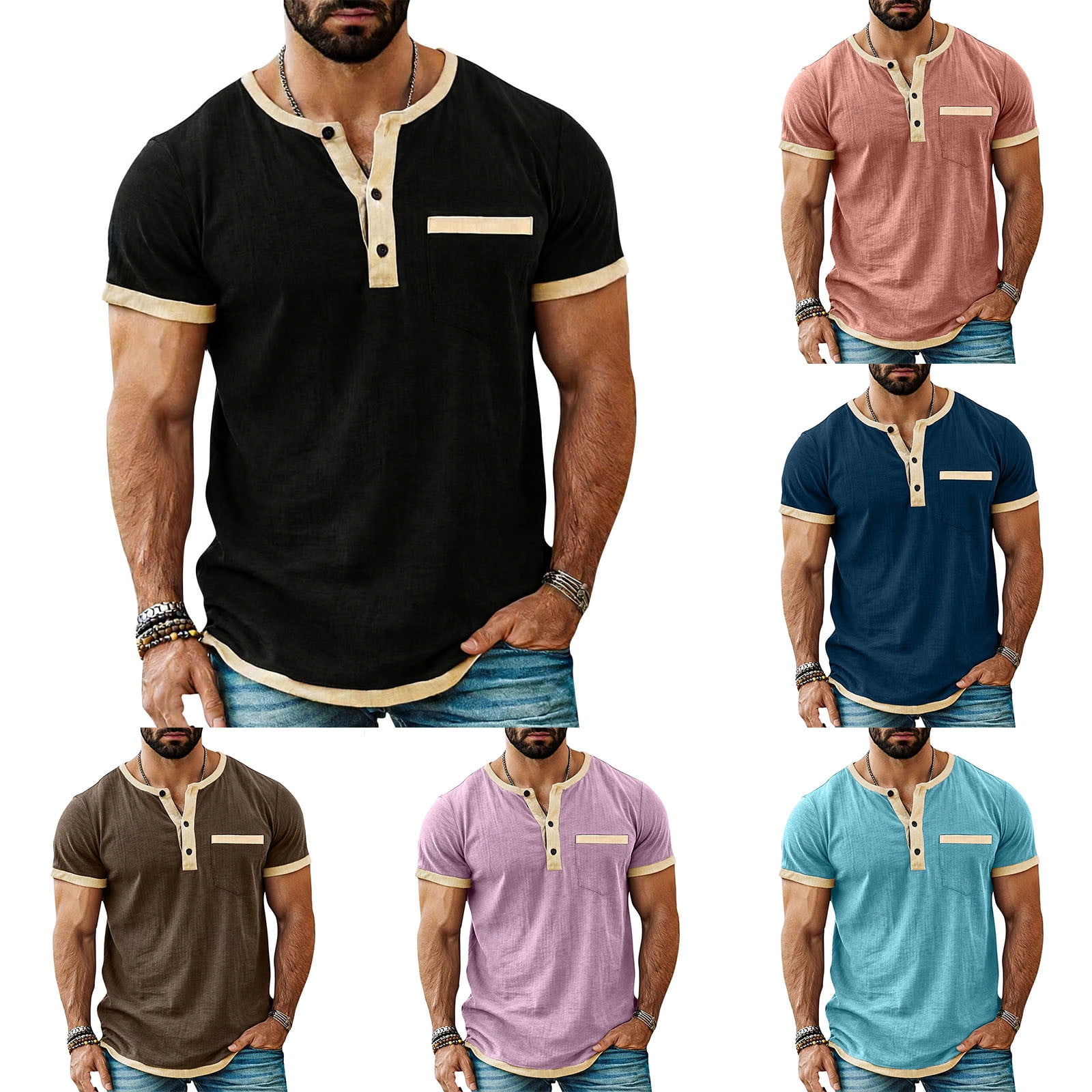 Hesxuno Mens Linen Henley Shirt Color Contrast Short Sleeve 3 Button ...