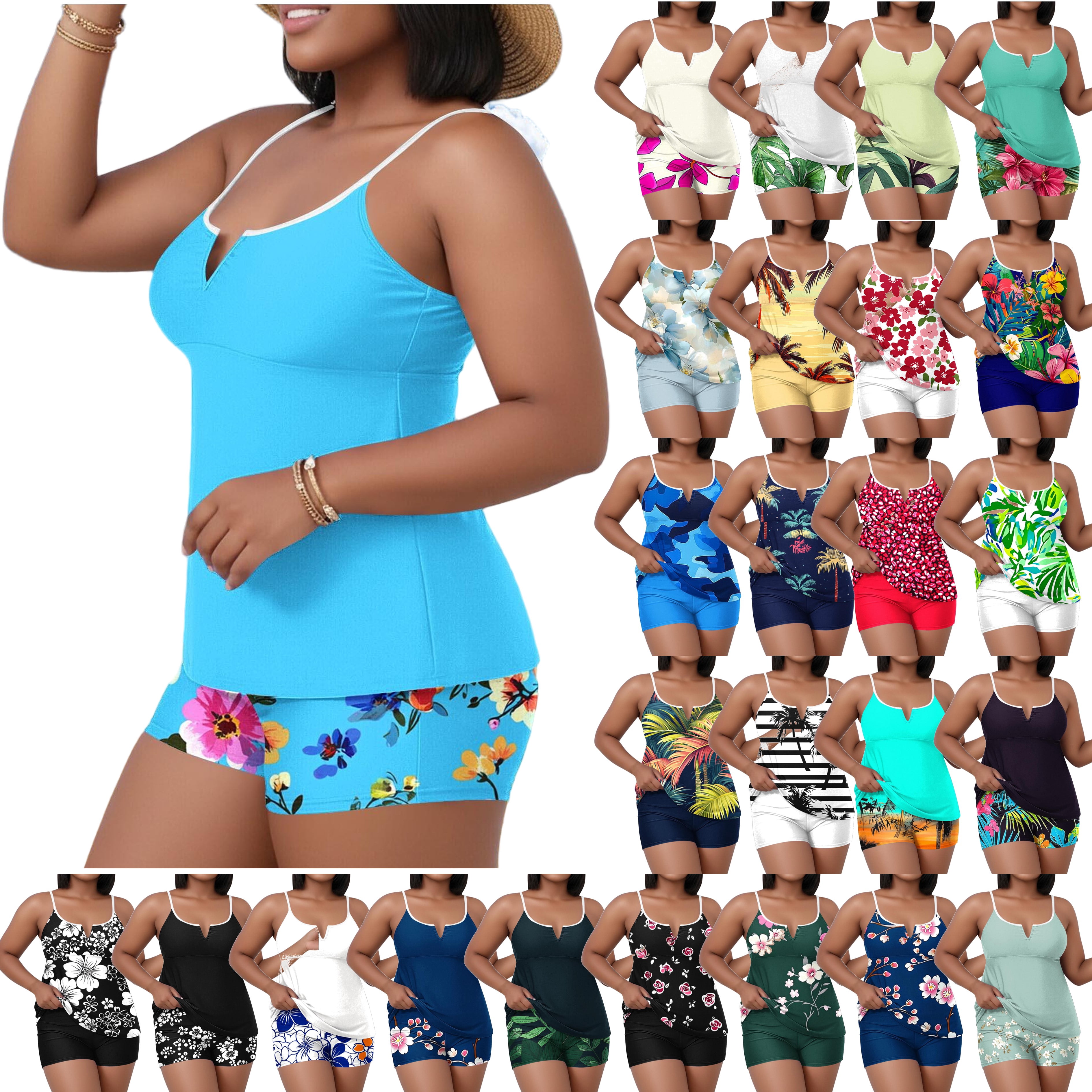 Hesxuno Plus Size Tankini Swimsuits for Women Blouson Tankini Tops with ...