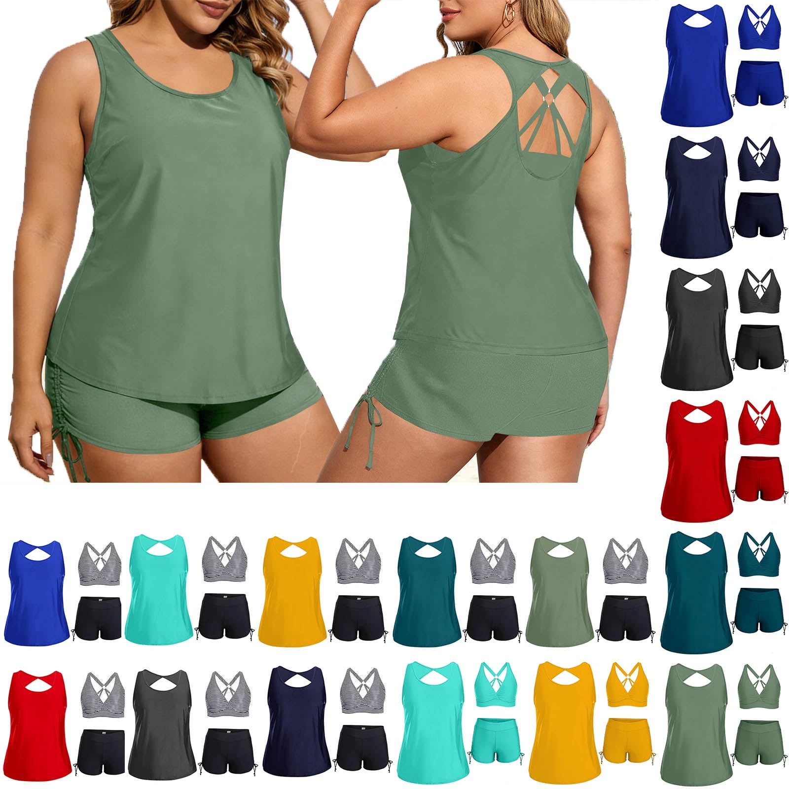 Hesxuno Women 3 Piece Tankini Swimsuits Tummy Control Sporty Bathing ...