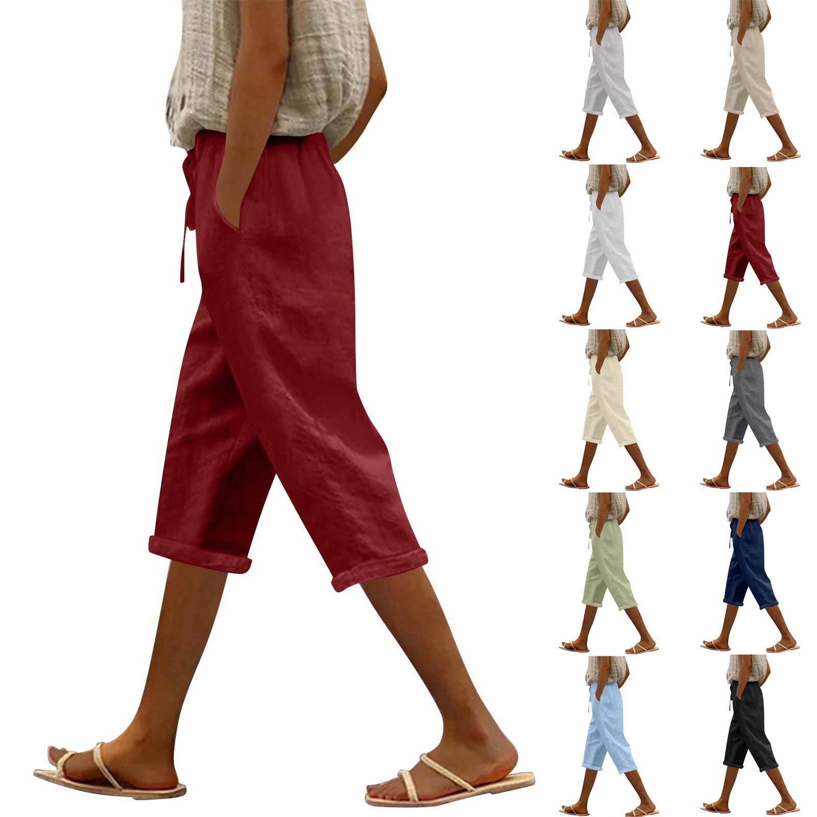 Hesxuno Women Beach Capris Pant Summer Cotton Linen Trousers Loose Fit ...