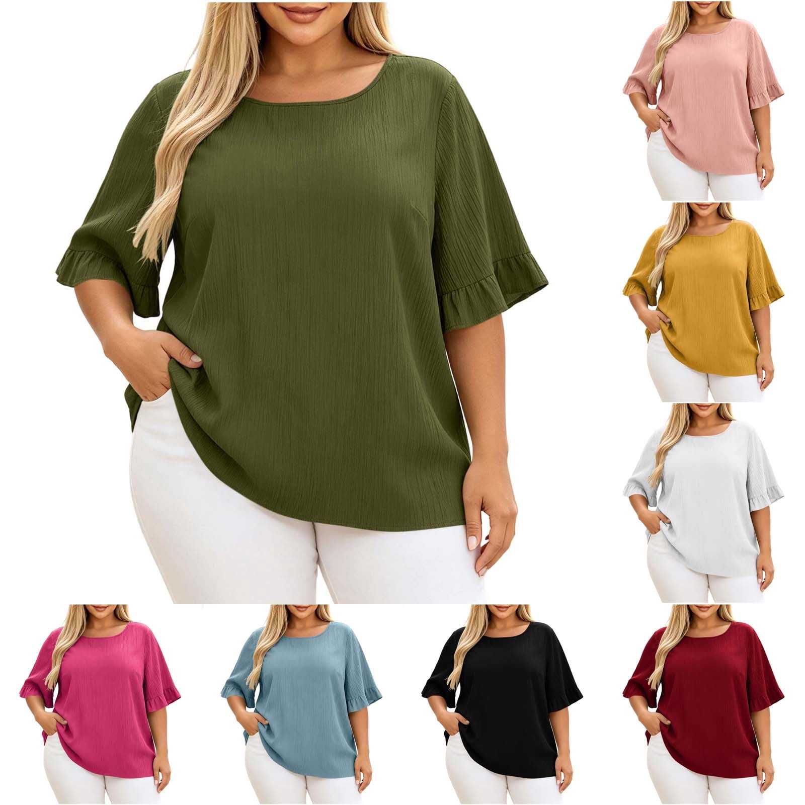 Hesxuno Women Plus Size Tunic Tops Ruffle Half Sleeve T Shirts Cotton ...