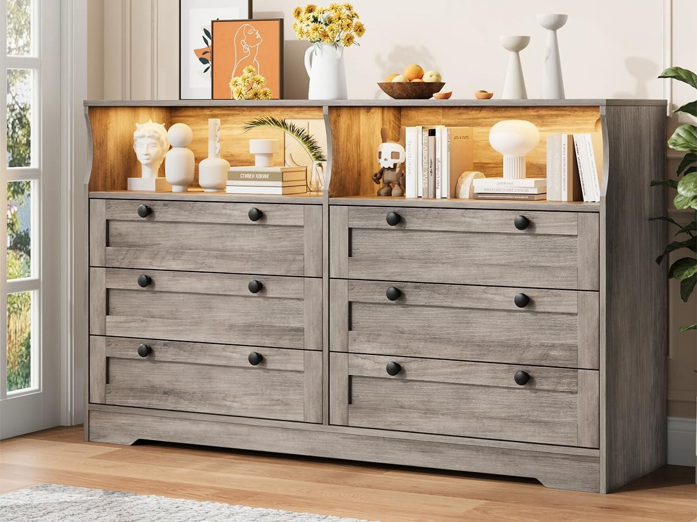 Hetoy 30% Off！Rustic Bedroom Dresser with Electrical Outlet and LED ...