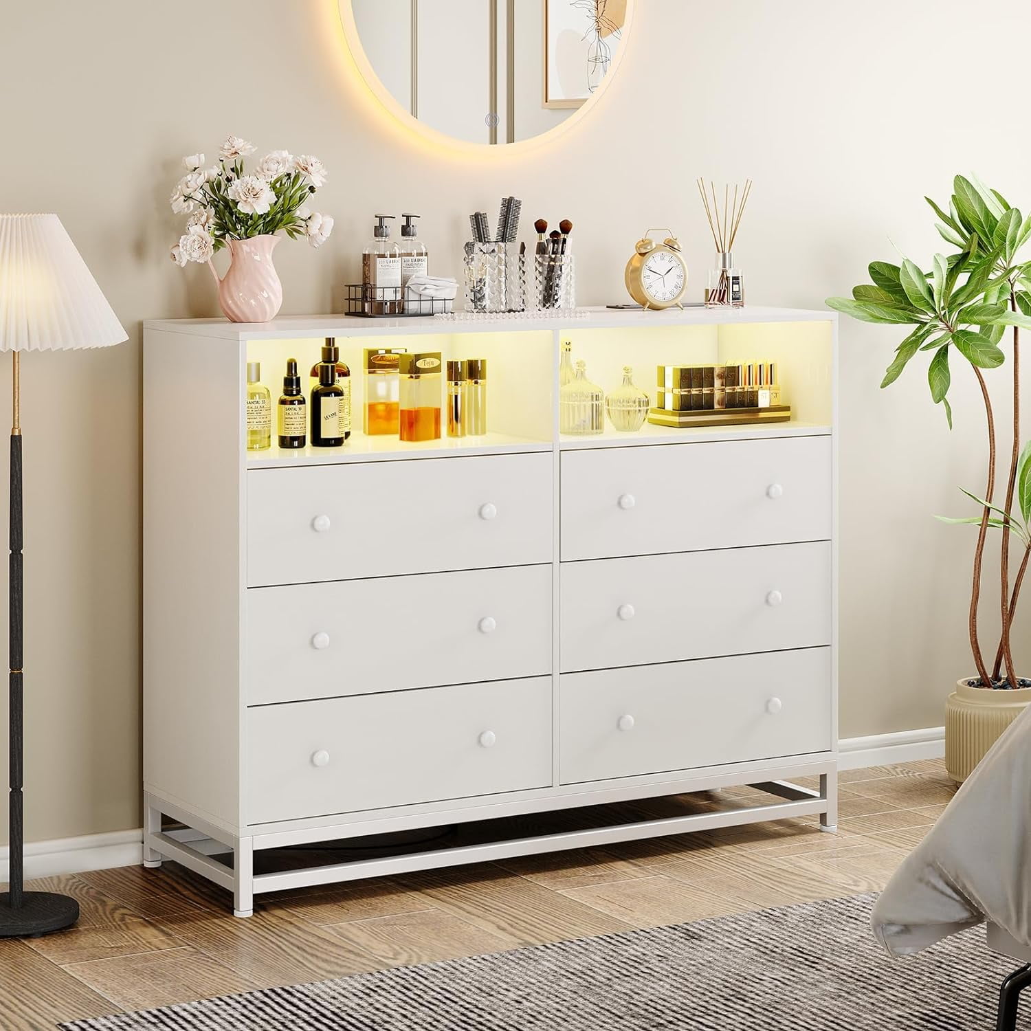 Hetoy 6 Drawer LED Dresser for Bedroom - Modern White Storage with ...