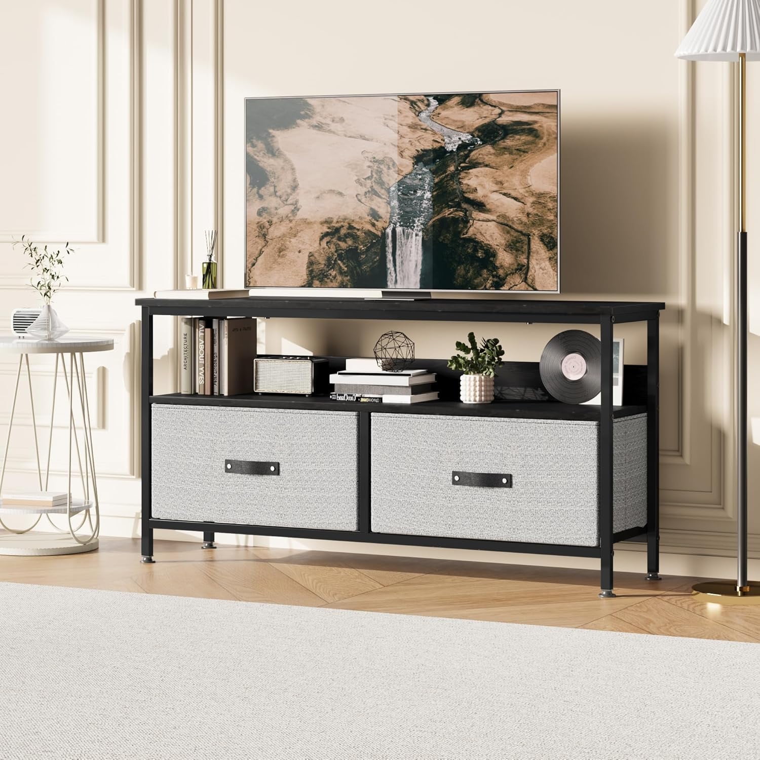 "Hetoy TV Stand Dresser, Black, 2 Drawers, Open Shelves, MDF Wood, for ...