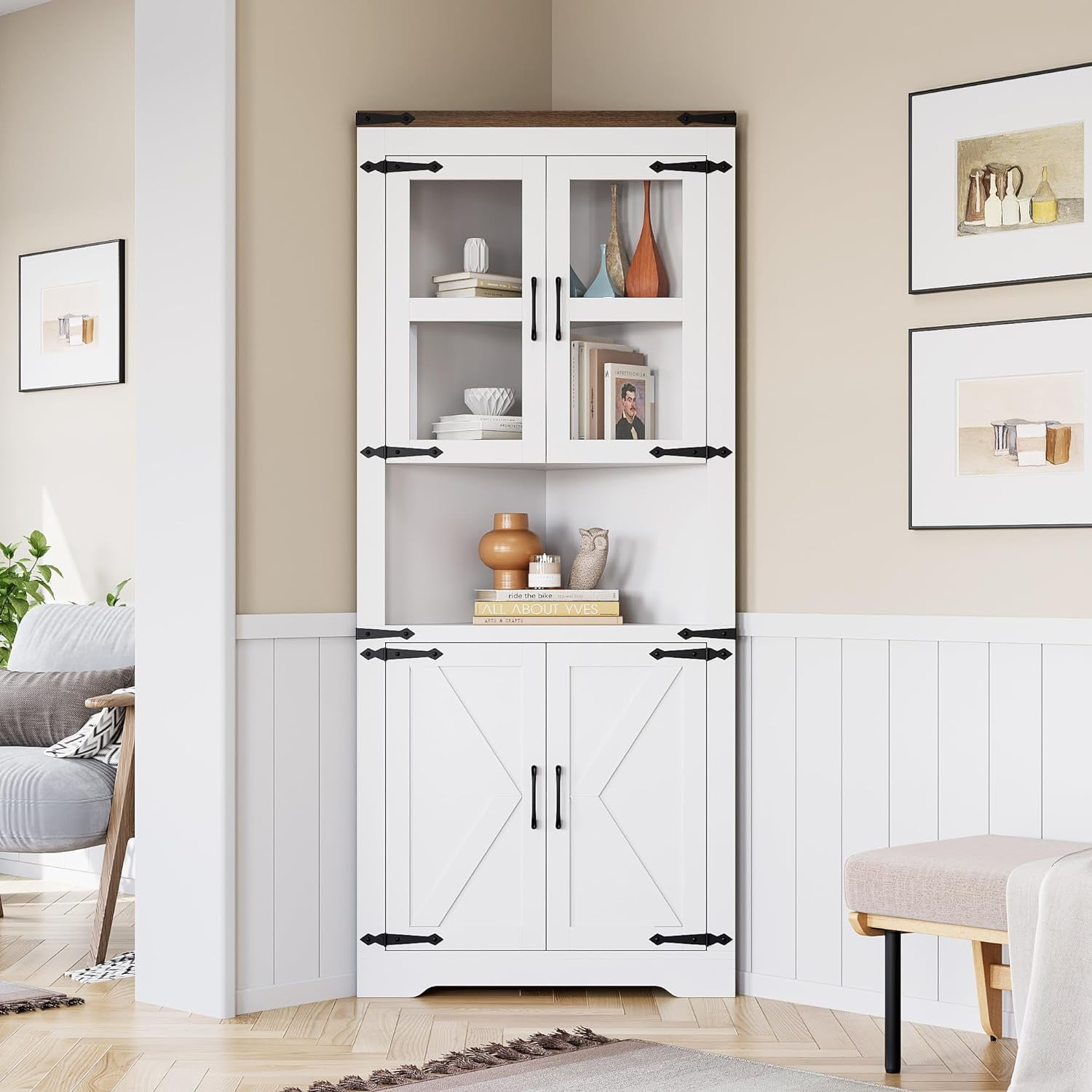 Hetoy Farmhouse Corner Cabinet, High Corner Storage Cabinet with Glass ...